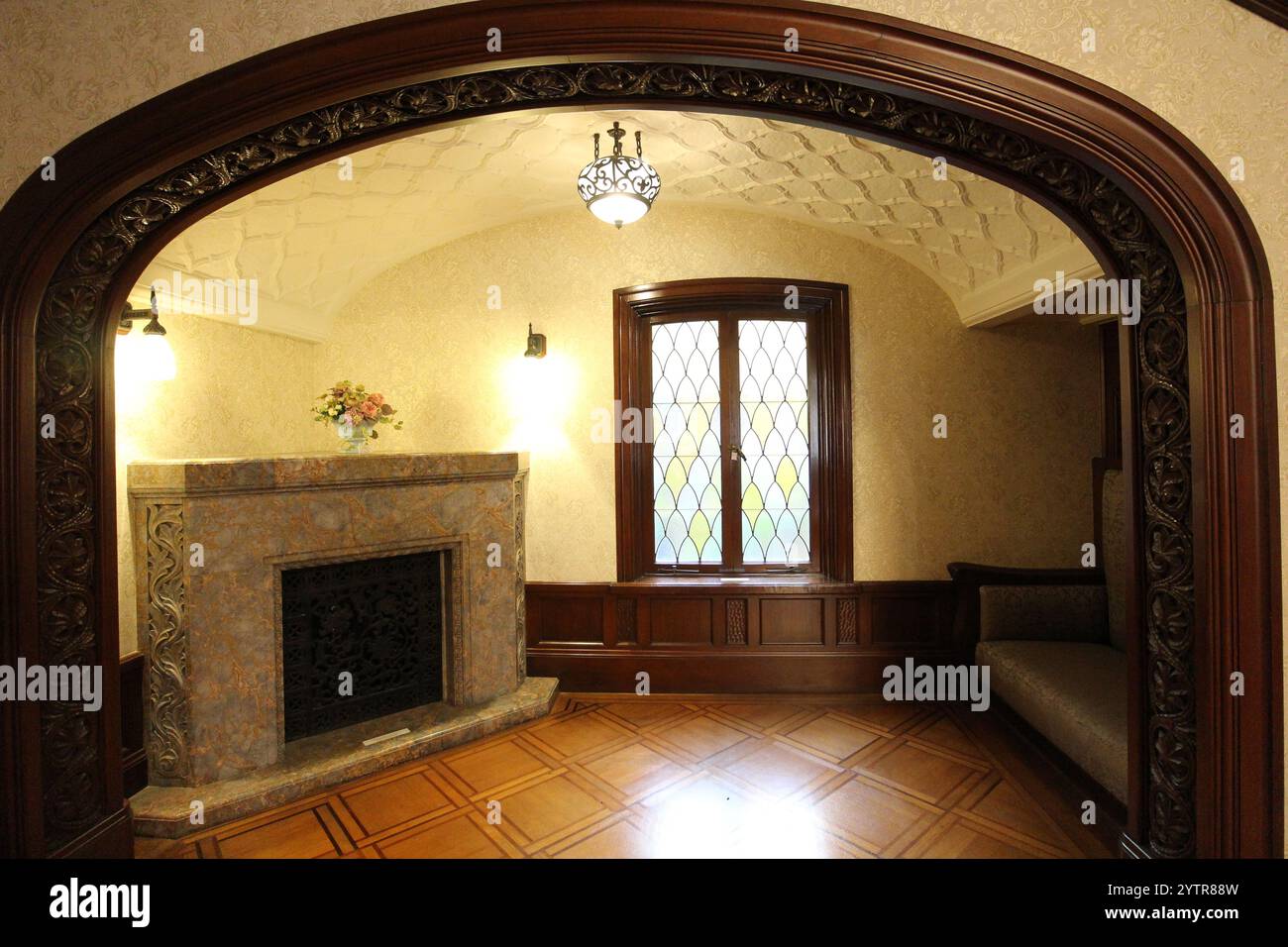 Old fireplace and stained glass in Former Maeda Family Residence (built ...