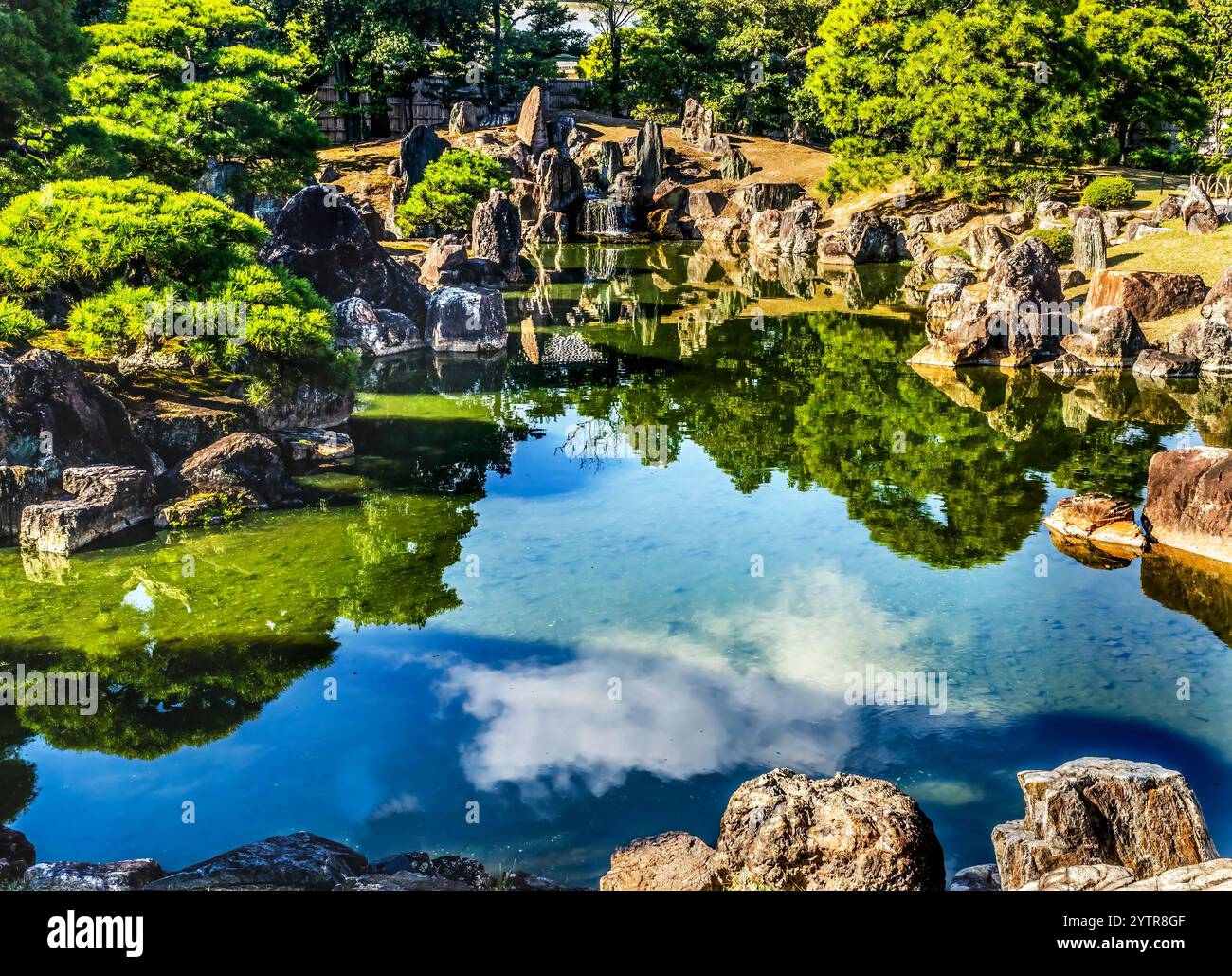 Coloful Ninomaru Garden Waterfall, Pond Reflection Rocks Nijo Castle ...