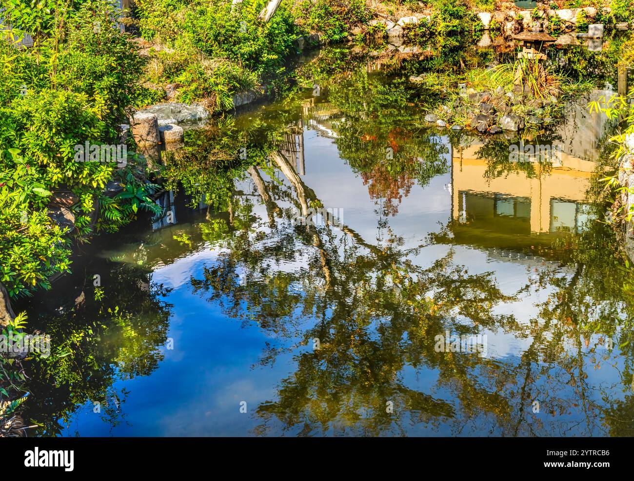 Colorful Blue White Pond Reflection Shinsenen Garden Public Park Kyoto ...