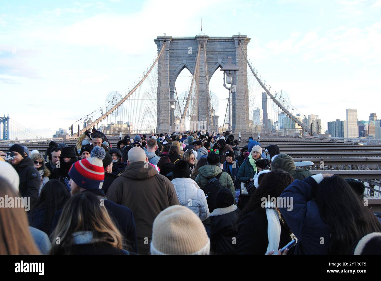 New York City, New York, USA - December 07 2024: The Brooklyn Bridge is a very popular ...