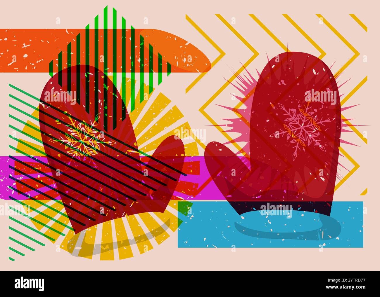 Risograph Mitten Glove with geometric shapes. Objects in trendy riso ...