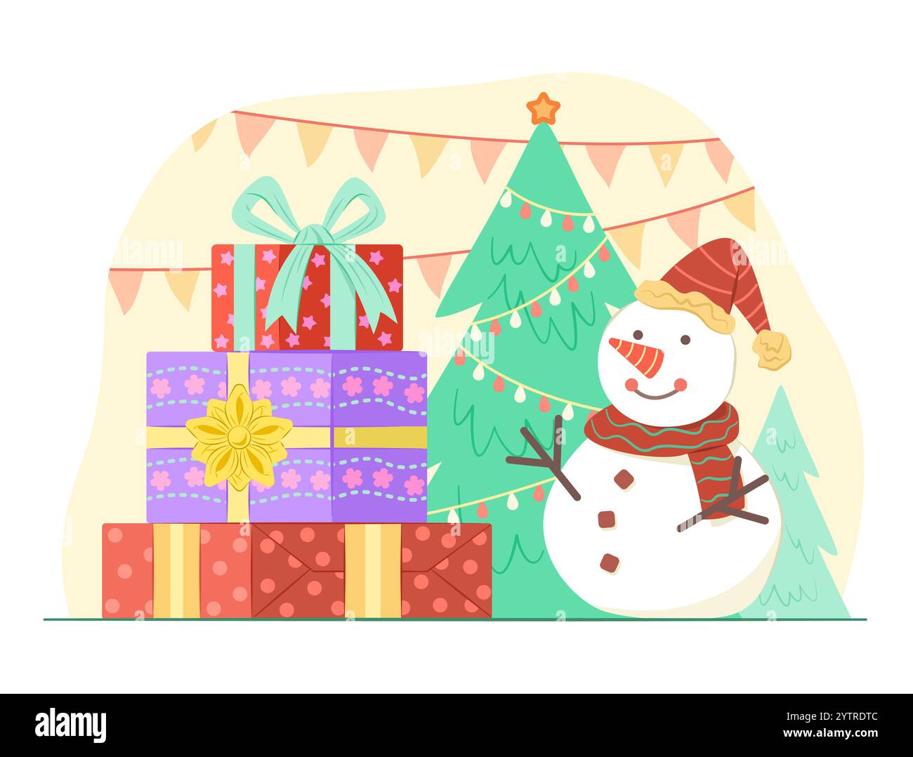 Pile of Colorful Gift Boxes, Cute Snowman Character, and Christmas Tree ...