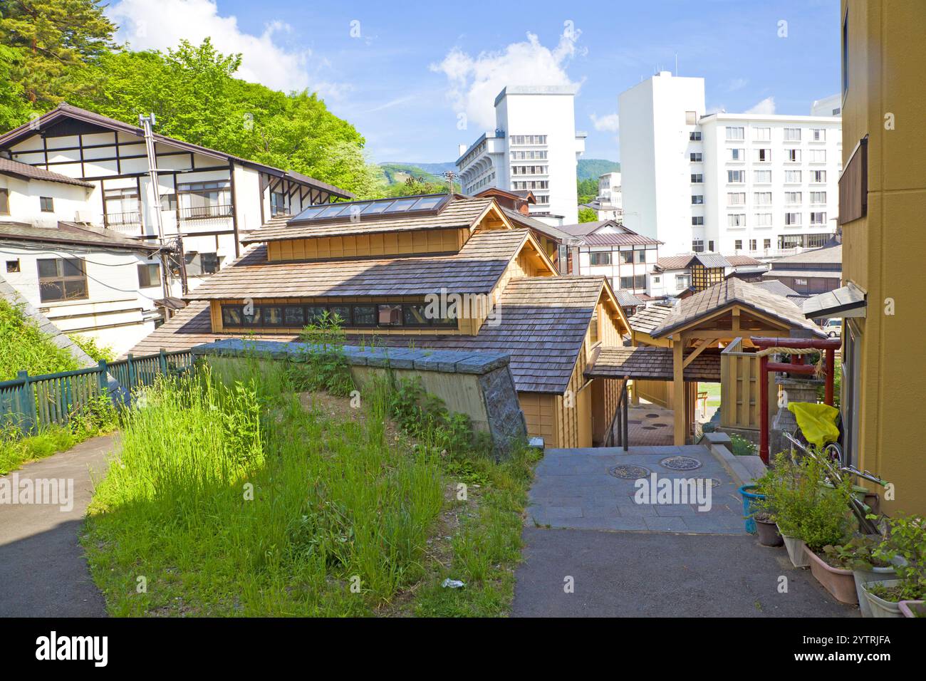 Yubatake onsen, hot spring wooden boxes with mineral water in Kusatsu ...