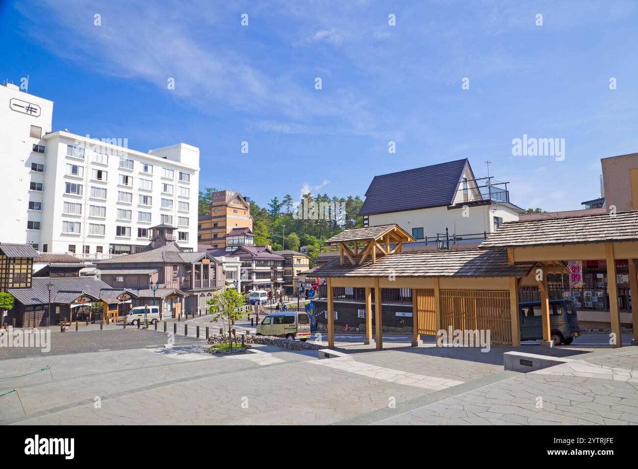 Yubatake onsen, hot spring wooden boxes with mineral water in Kusatsu ...