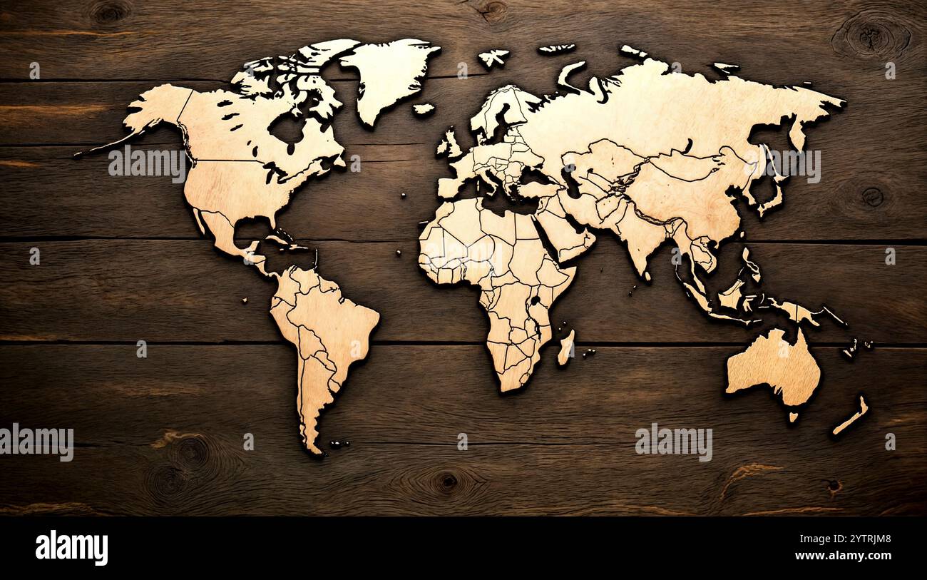 A wooden map of the world with the continents and countries labeled ...