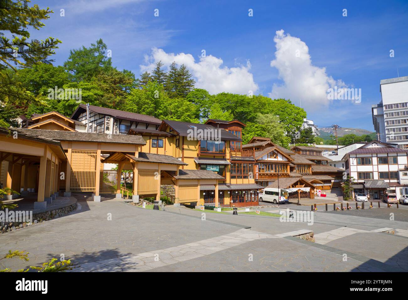 Yubatake onsen, hot spring wooden boxes with mineral water in Kusatsu ...