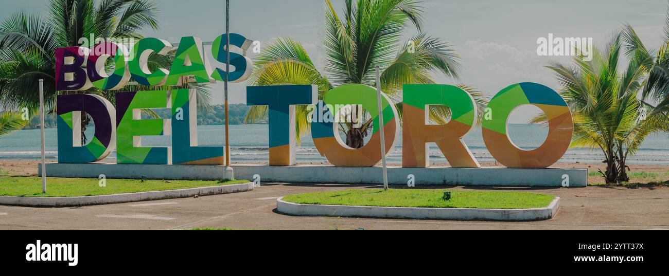 A signboard of Bocas del Toro, big letters on a beach for taking ...