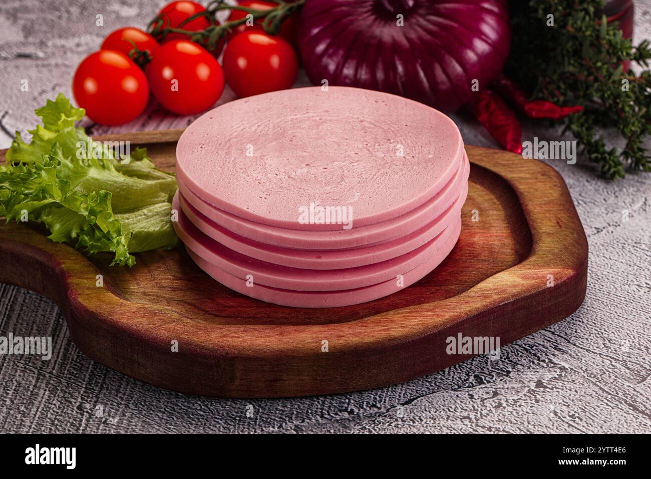 Boiled pork sliced sausage stack for breakfast Stock Photo - Alamy