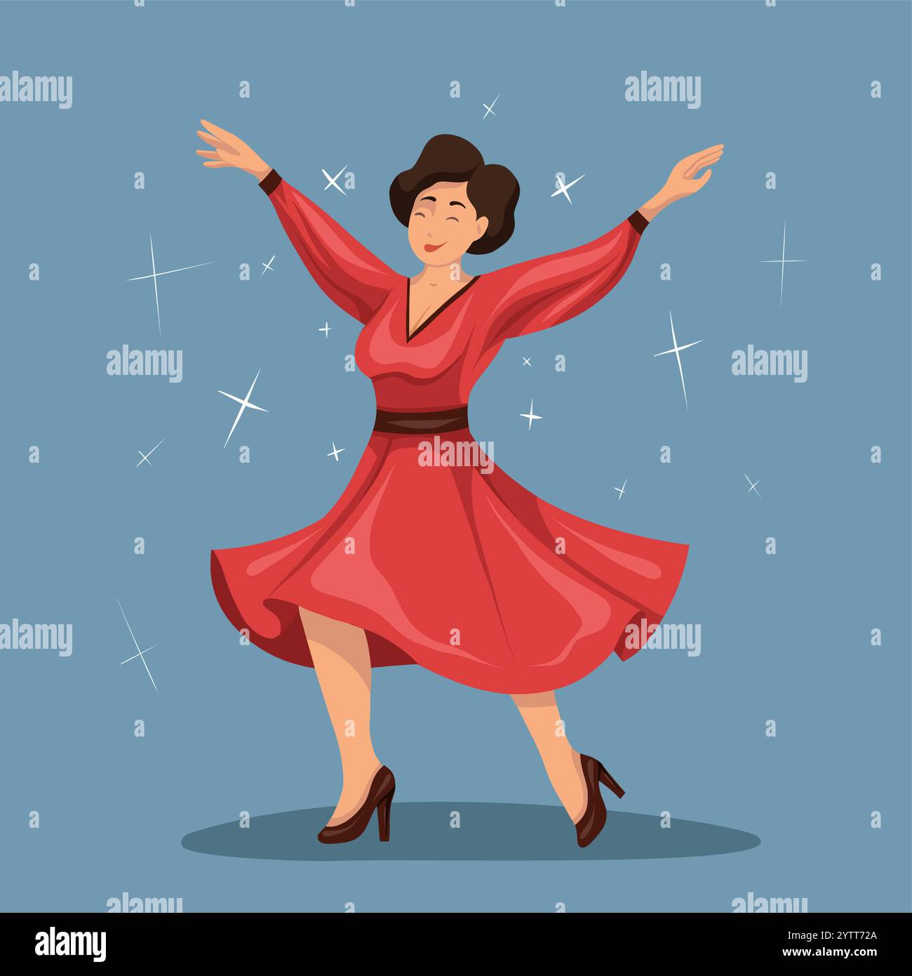 Vector illustration of happy dancing woman in red dress. Professional ...