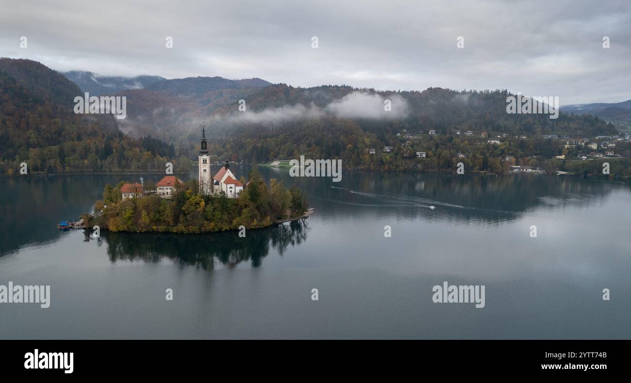 Aerial view of lake bled island with the assumption of mary pilgrimage ...