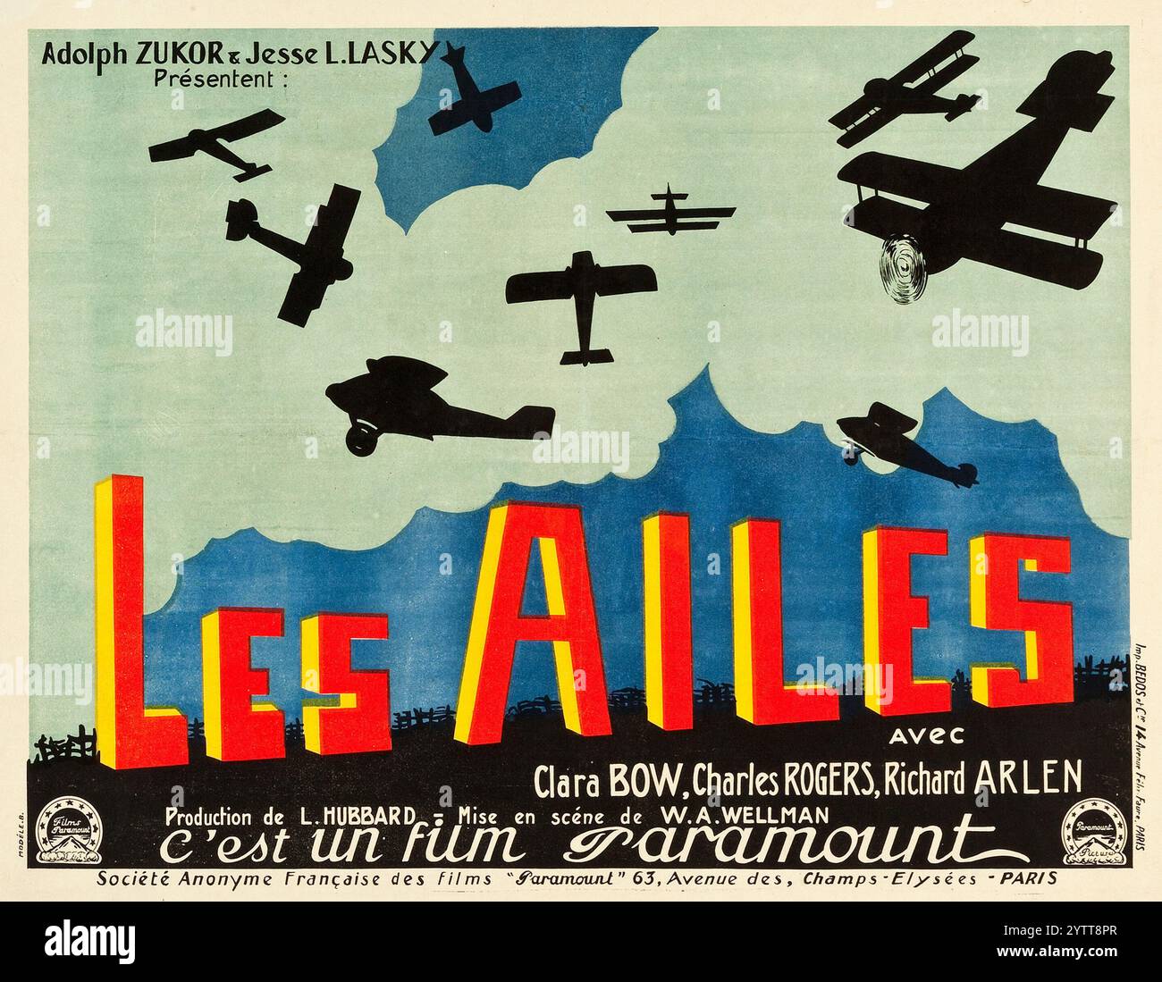 Clara Bow in Wings - Les Alles (Paramount, 1927). French film poster for Academy Award winning ...