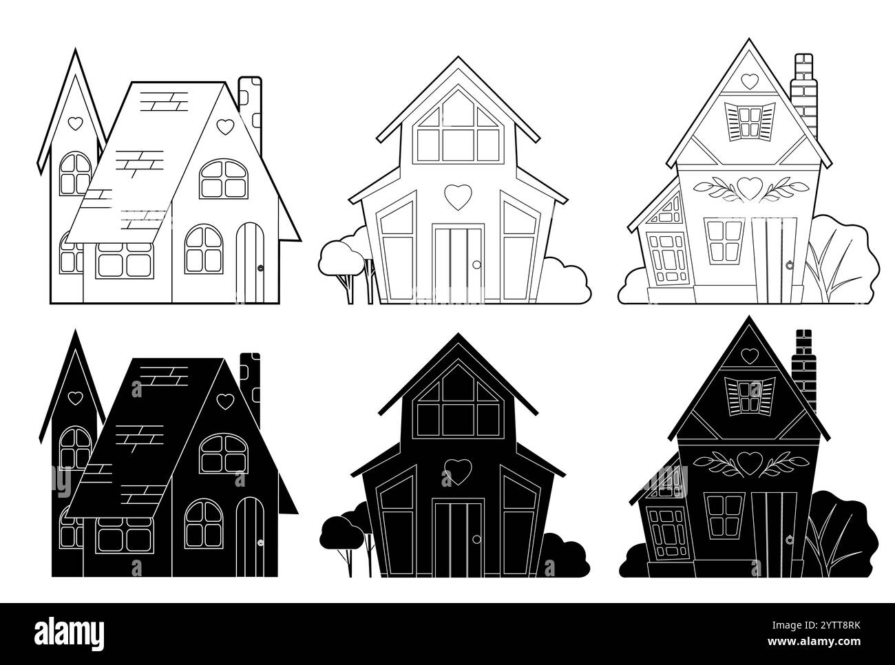 Vector set of black silhouettes and outline country houses isolated ...