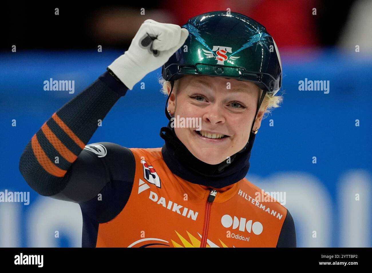 Xandra Velzeboer of Netherland celebrates after winning in the women's ...