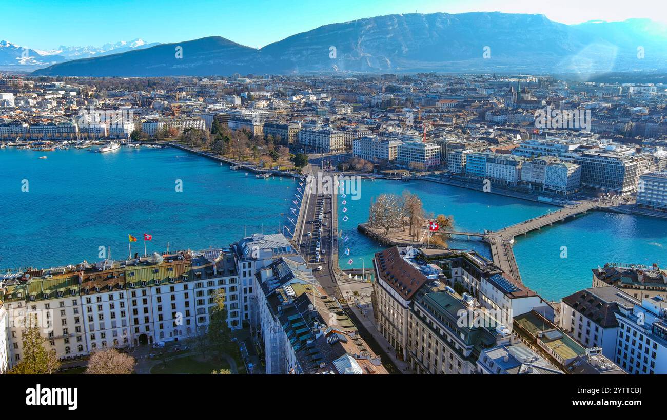 Stunning aerial view of Geneva's downtown bridges, turquoise Lake Léman ...