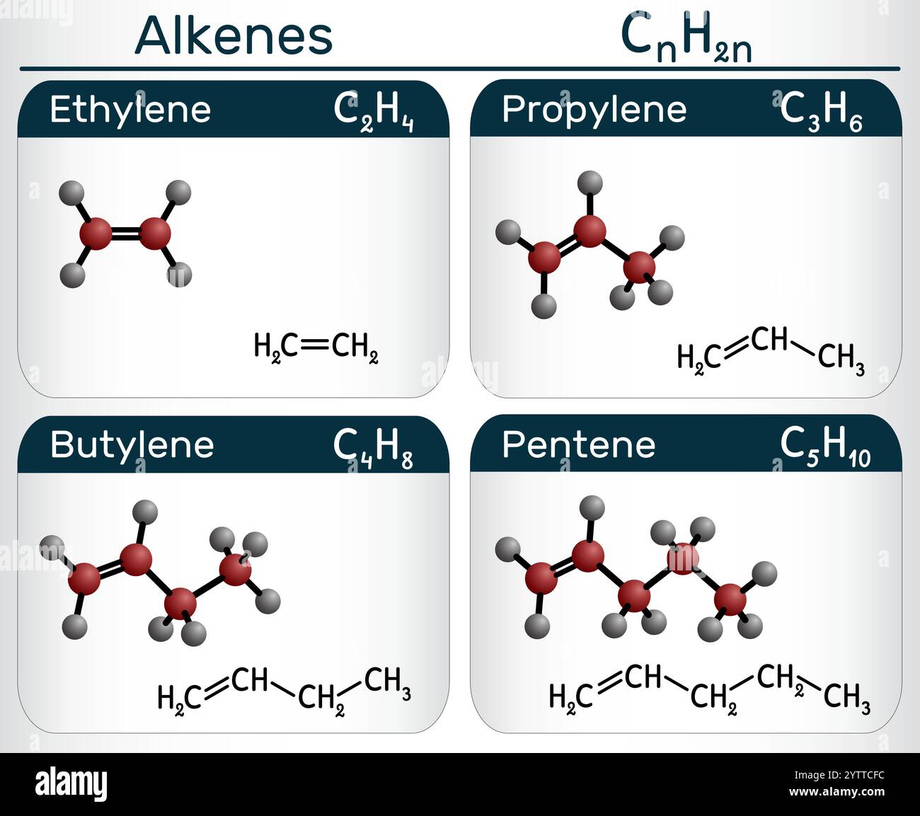 Homologous series of alkenes. Ethene, propene, butene, pentene molecular structures and models ...