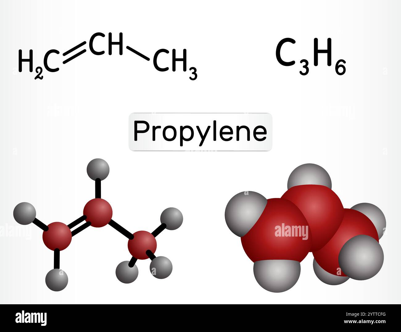 Propylene alkene molecule. Structural and 3D molecular model of propene ...