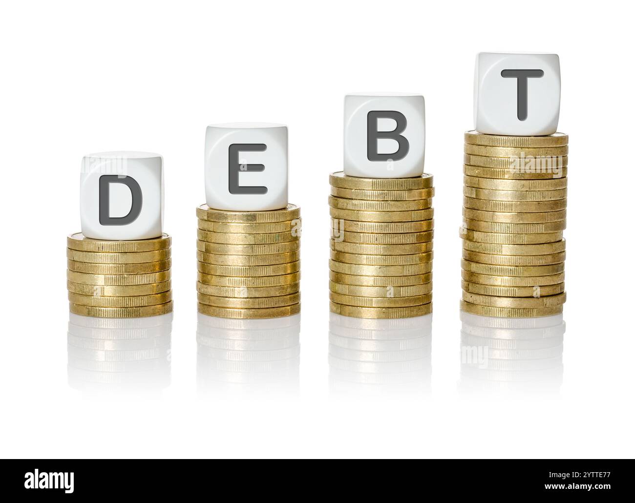 Coin stacks with letter dice - Debt Stock Photo - Alamy