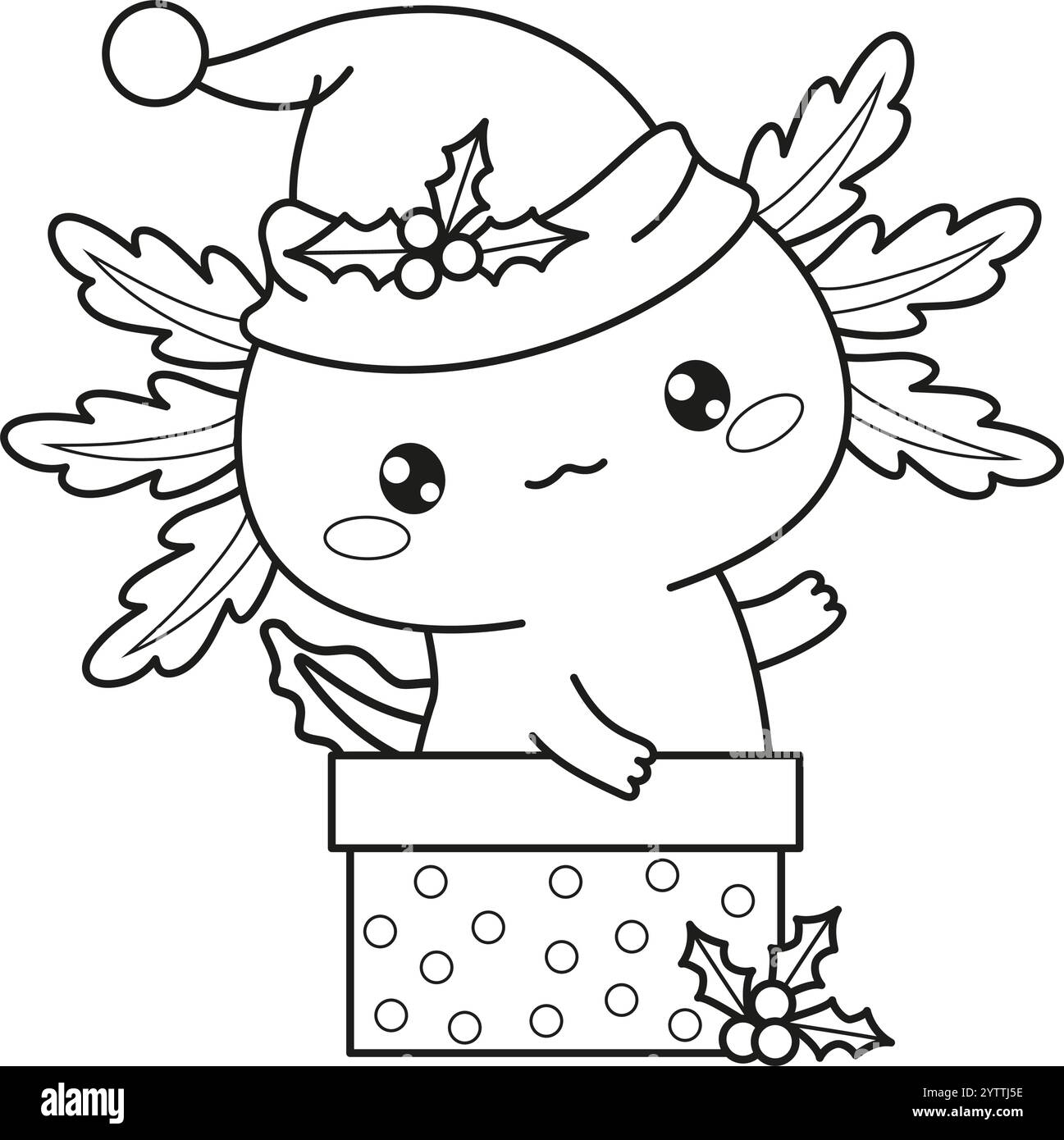 Cute Christmas Axolotl. Outline Little cartoon kawaii character wearing ...