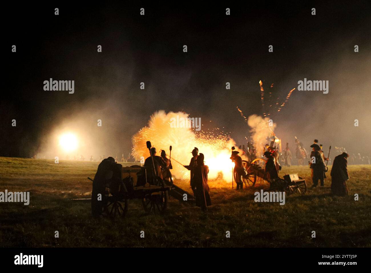 Explosions and smoke from cannons and rifles from the Napoleonic troops ...