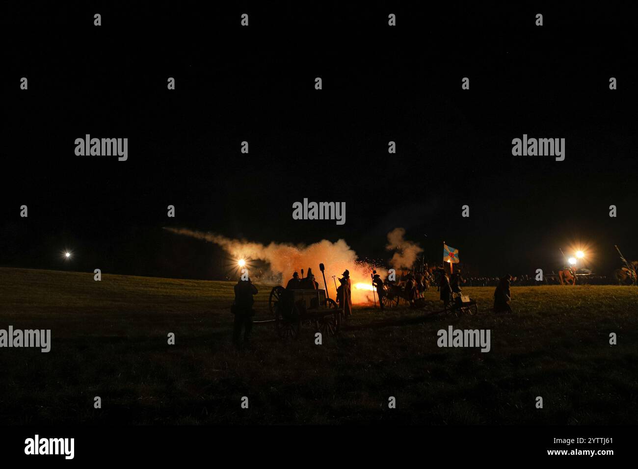 Explosions and smoke from cannons and rifles from the Napoleonic troops ...