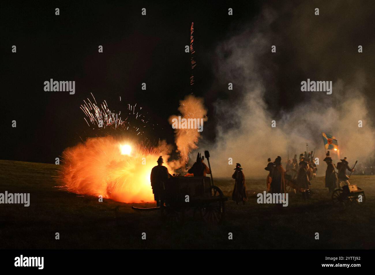 Explosions and smoke from cannons and rifles from the Napoleonic troops ...