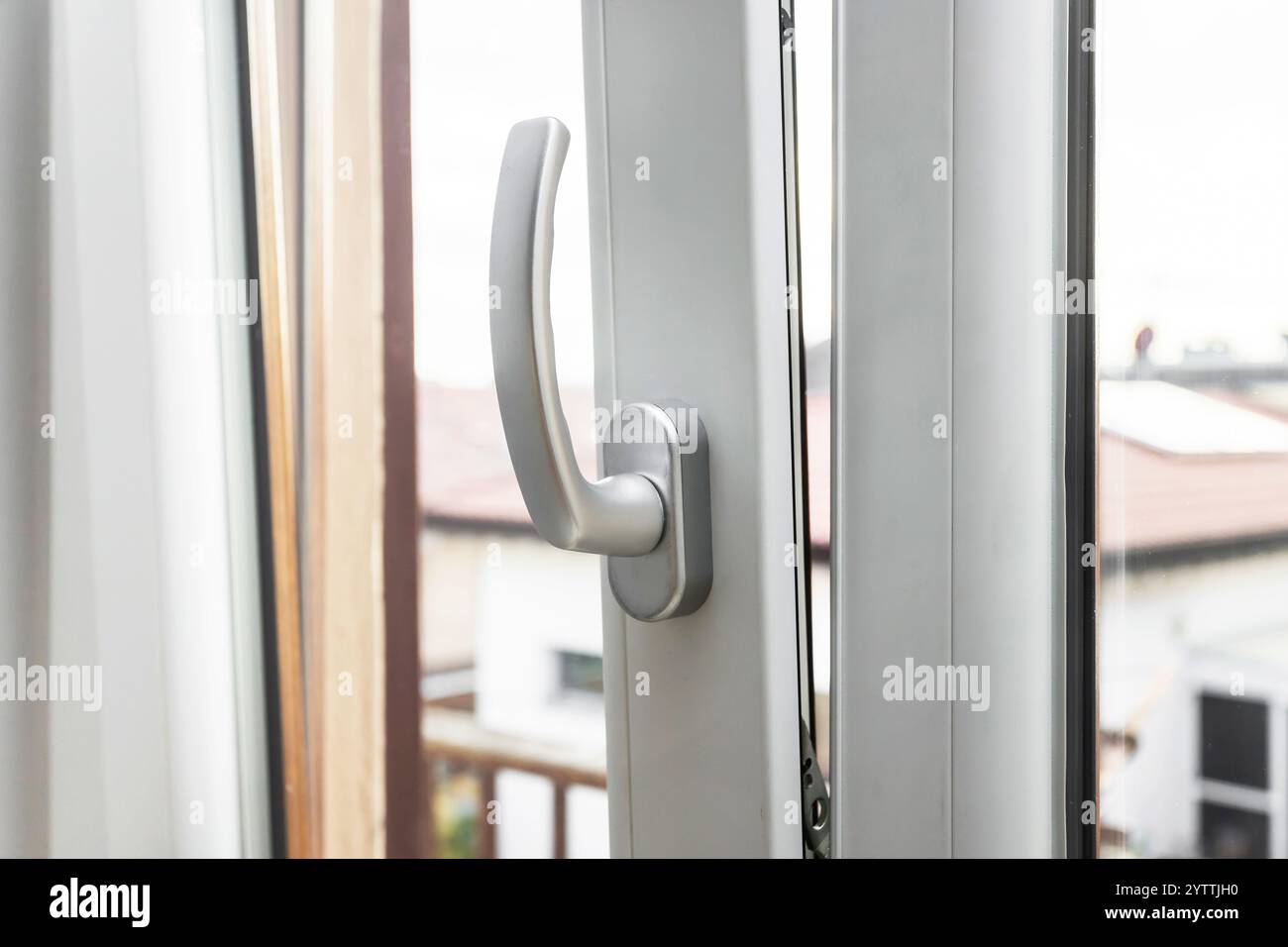 Aluminum window tilt and turn. Metal door frame closeup view. Sound ...