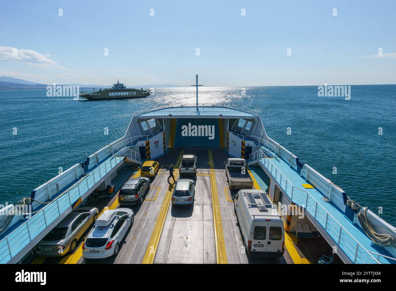 On Deck at car ferry boat crossing Corinth Gulf strait, Patras ...
