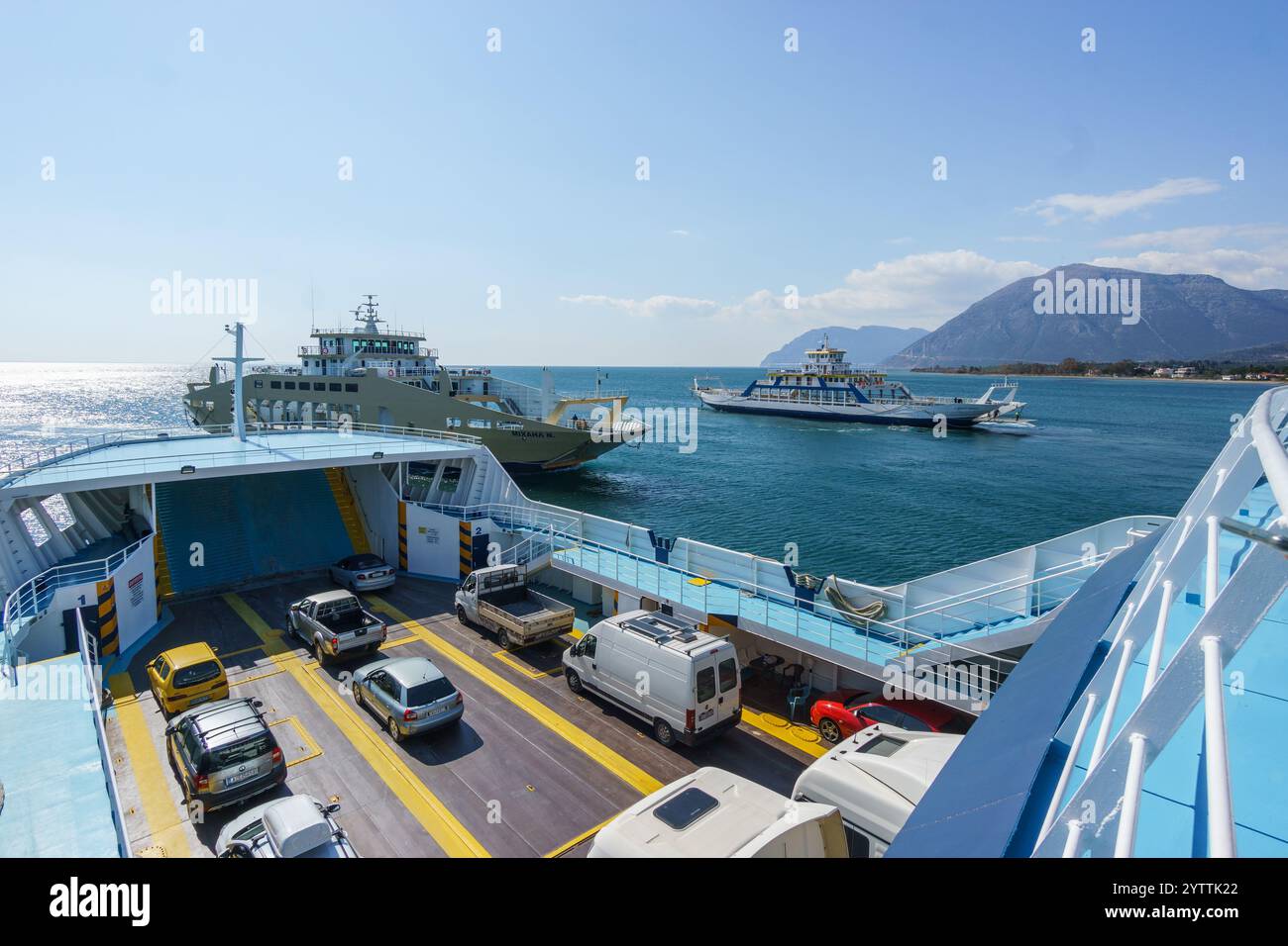 On Deck at car ferry boat crossing Corinth Gulf strait, Patras ...