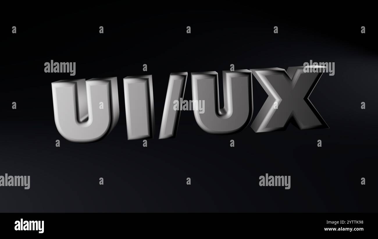 3D text UX/UI design from metal texture on black background in close-up ...
