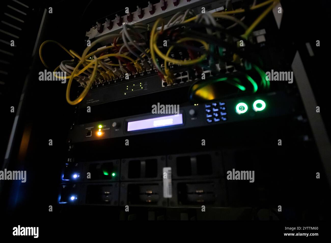 Dark server room with LED lights. IT center computer room Stock Photo ...