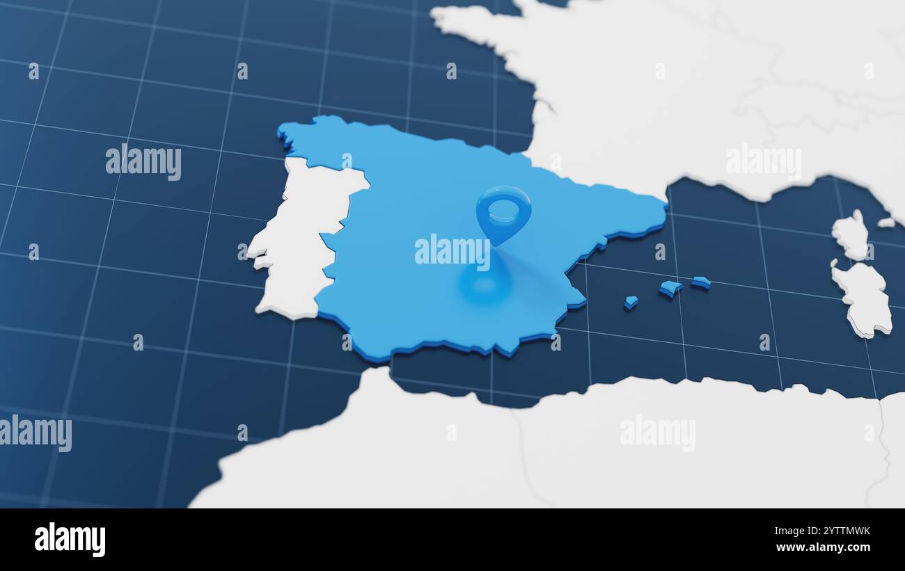 Blue Spain 3d map with pointer pin surrounded with other countries in ...