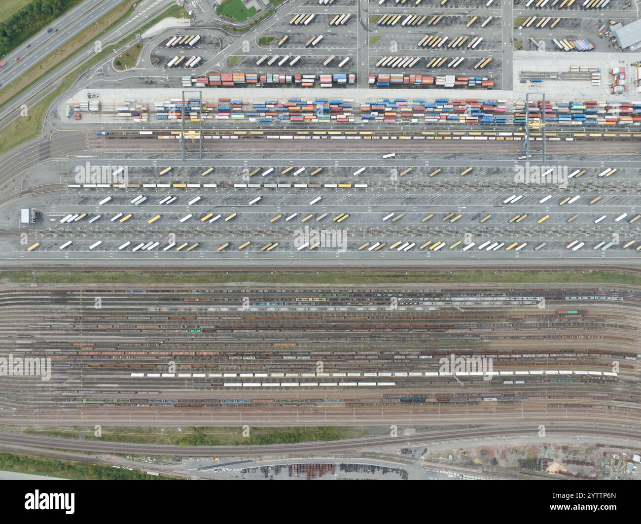 Aerial drone photo of train and truck intermodal transport site ...