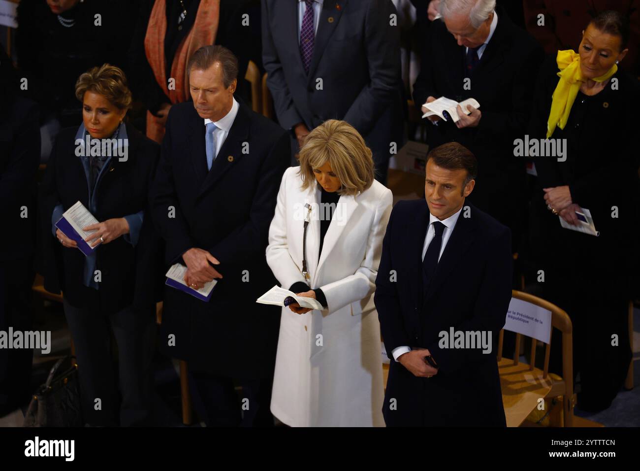Front row from right, French President Emmanuel Macron, his wife ...