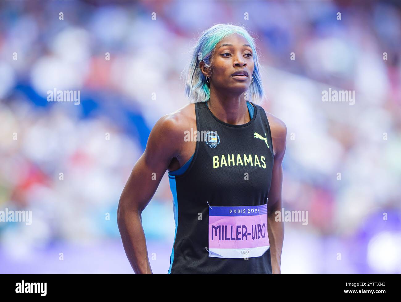 Shaunae Miller-Uibo participating in the 400 meters at the Paris 2024 ...