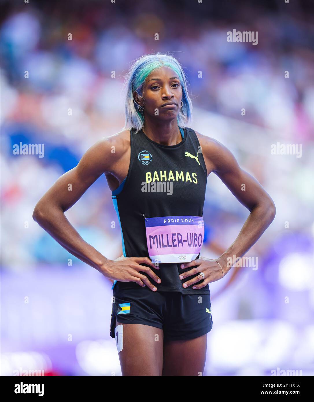 Shaunae Miller-Uibo participating in the 400 meters at the Paris 2024 ...