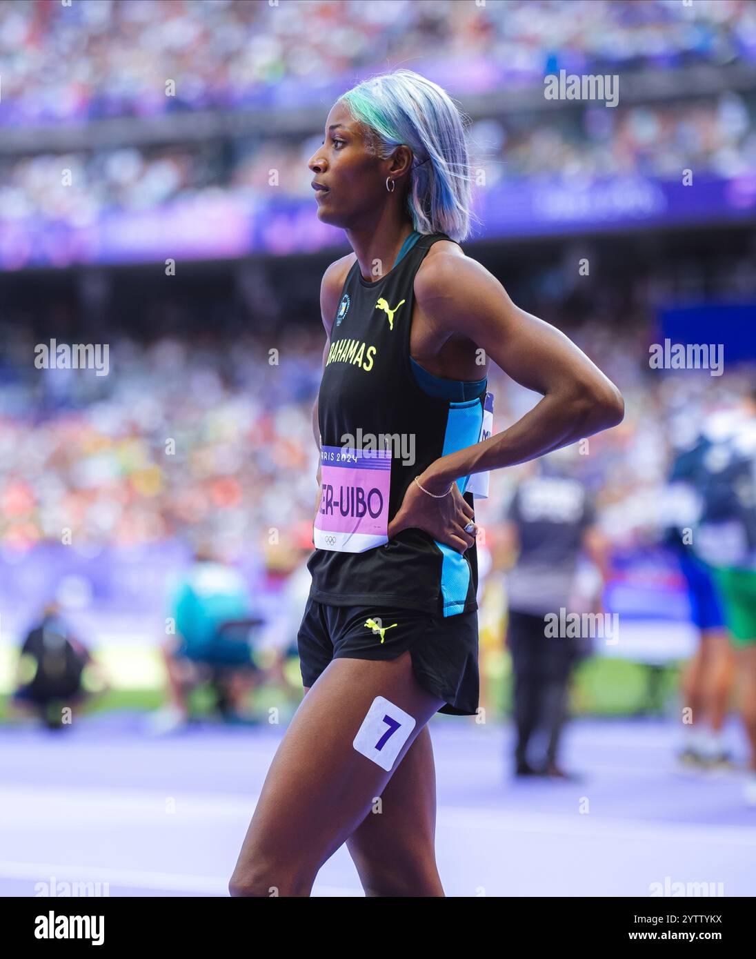 Shaunae Miller-Uibo participating in the 400 meters at the Paris 2024 ...