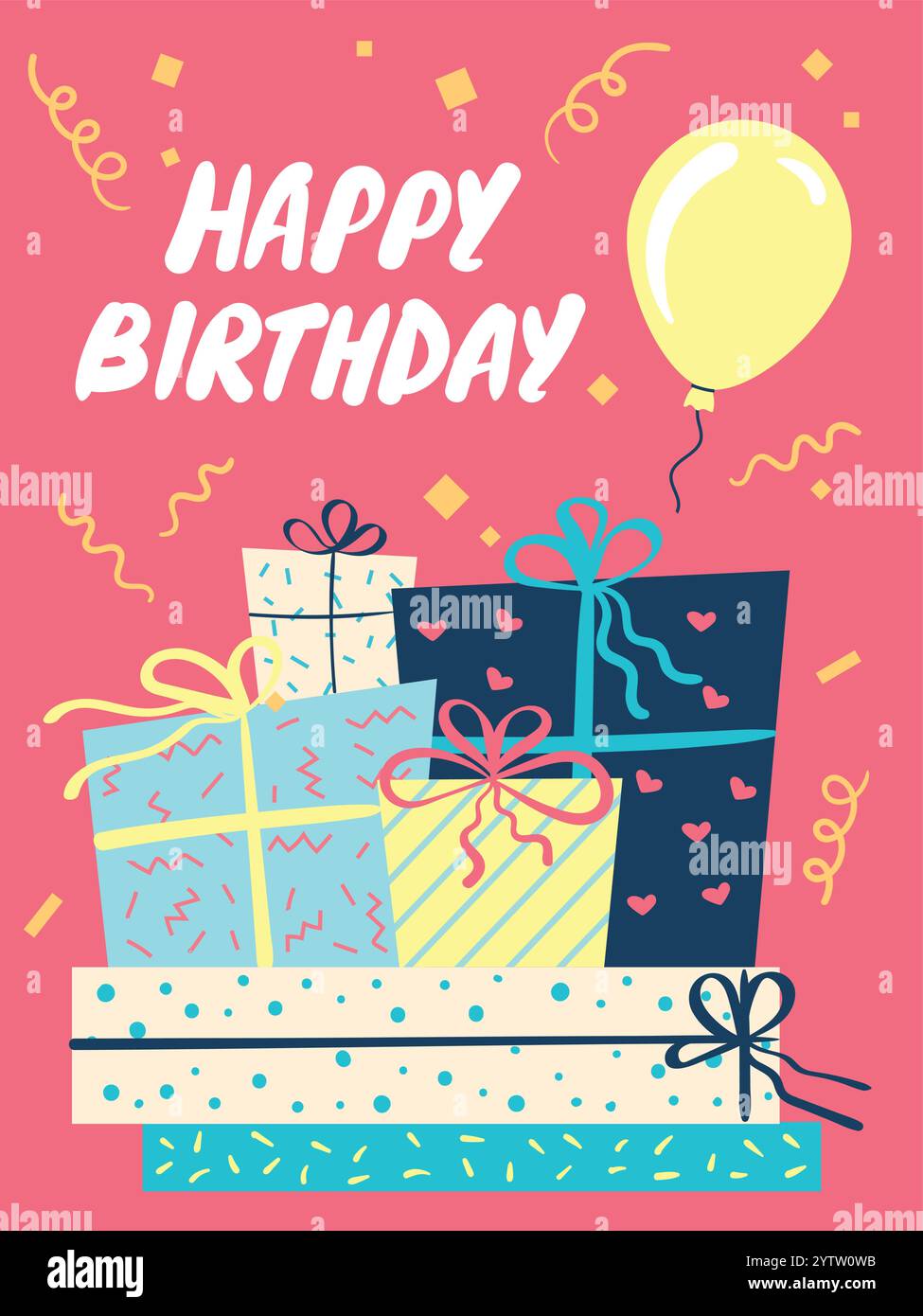Colorful greeting card celebrating a happy birthday with a pile of ...