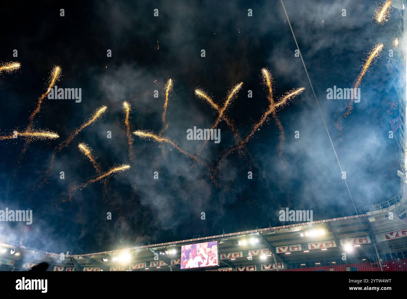 Oslo, Norway. 07th Dec, 2024. Fireworks over the stadium at the price ...