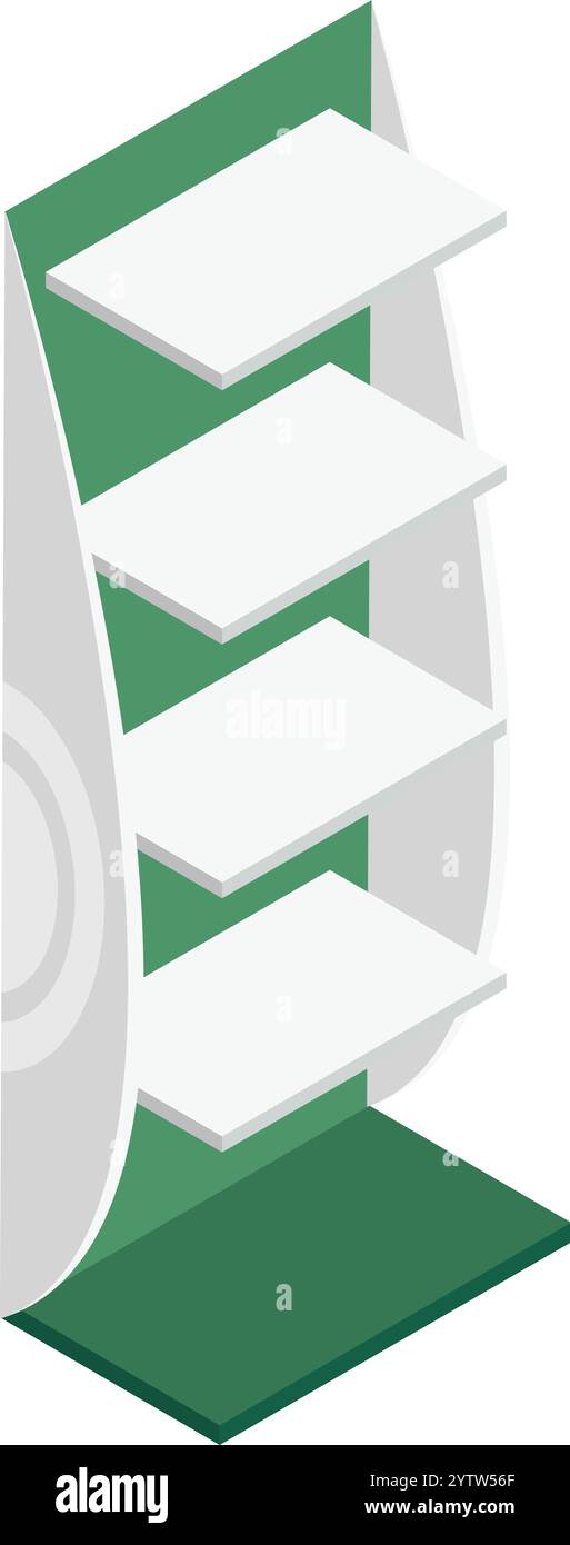 Isometric view of an empty, modern retail display stand featuring white ...