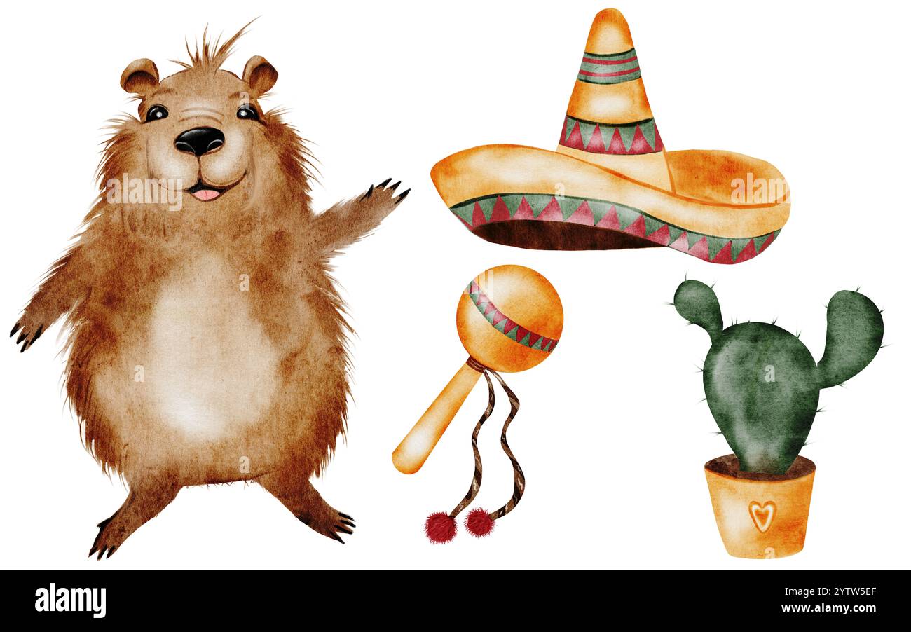 Capybara watercolor set. A funny cartoon animal,mexican sombrero hat ...