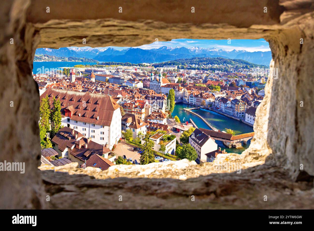 City of Luzern panoramic view through stone window, scenic Switzerland ...