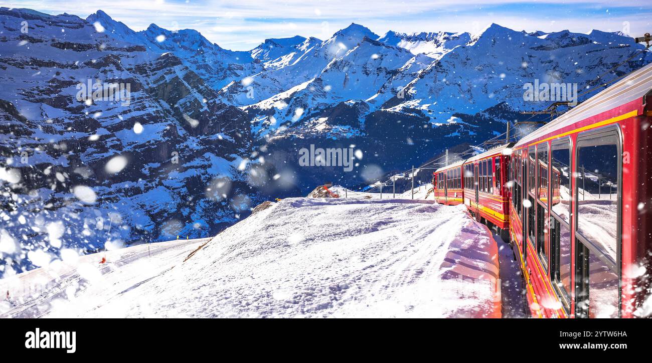 Alps train descending down from Jungfraujoch peak to Wengenpanoramic ...