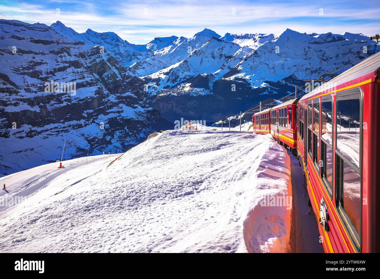 Alps train descending down from Jungfraujoch peak to Wengen, idyllic ...