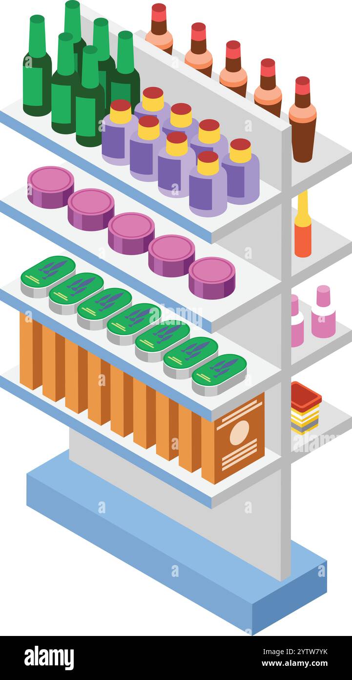 Colorful isometric illustration featuring a supermarket shelf filled ...