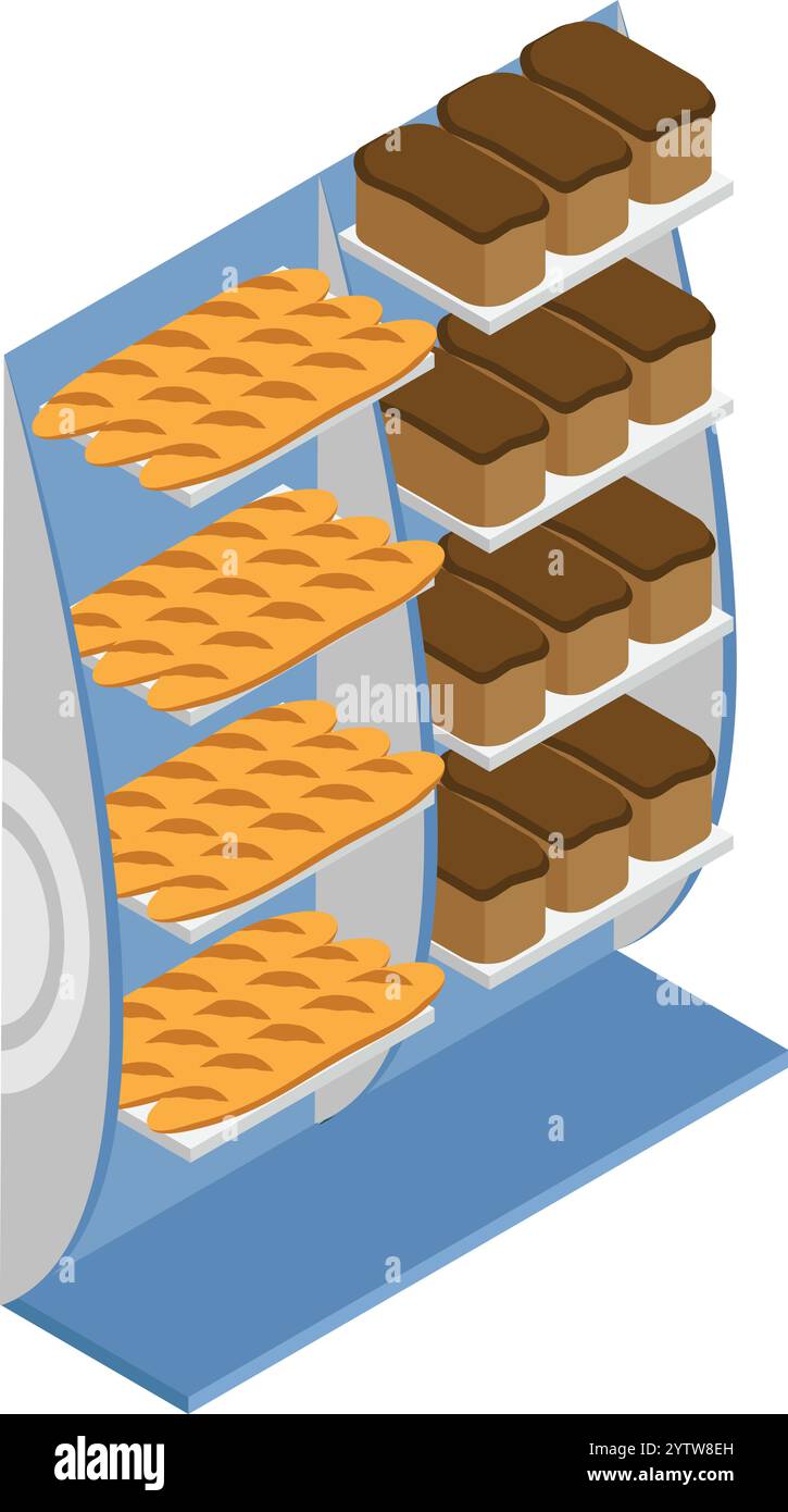 Isometric view of a display stand showing shelves full of freshly baked ...