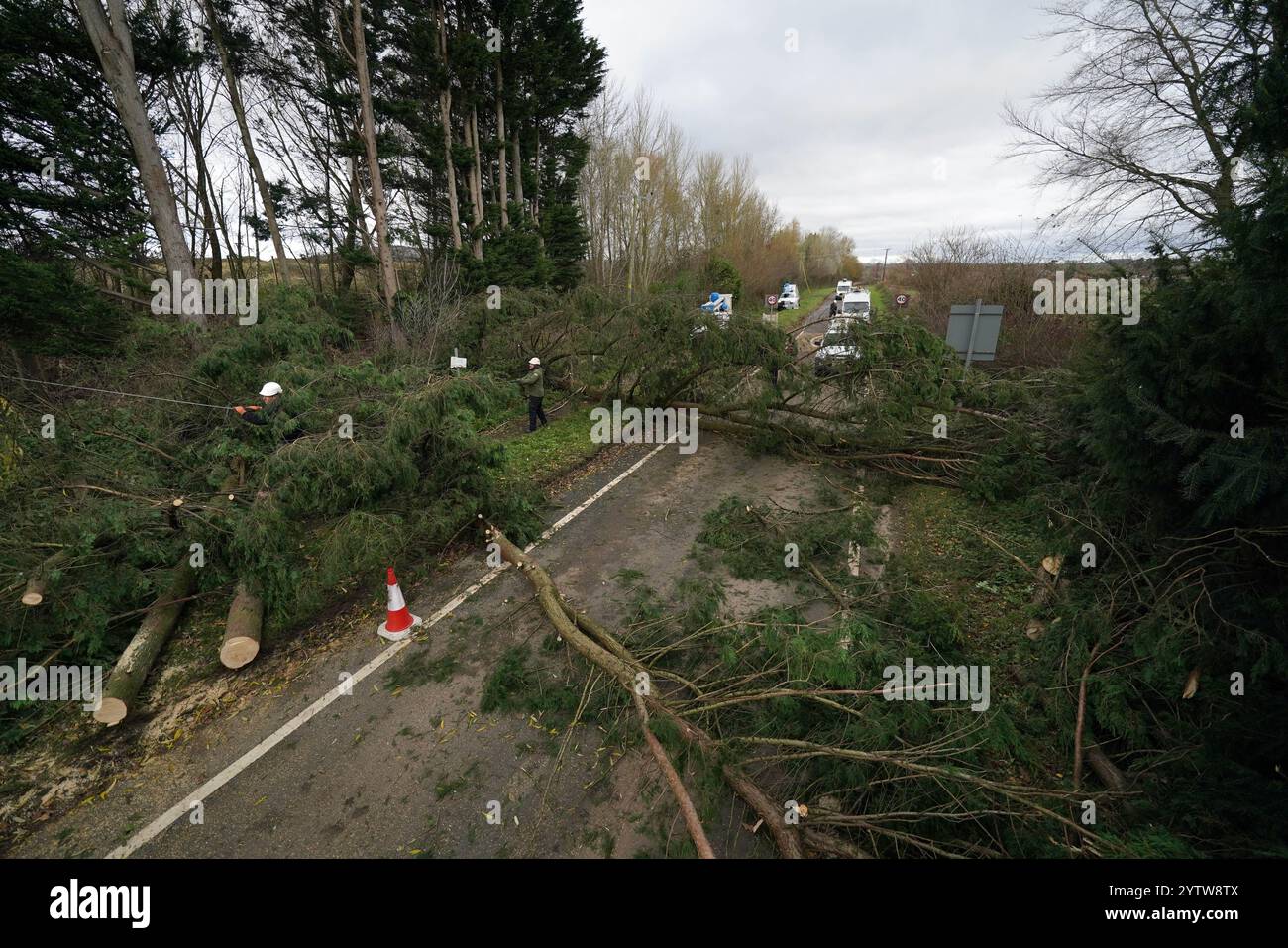 Fallen trees are cleared from a road in Swainshill, Herefordshire ...