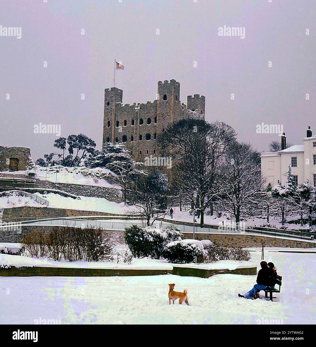 A snow scene at Rochester Castle, Kent. UK Stock Photo - Alamy