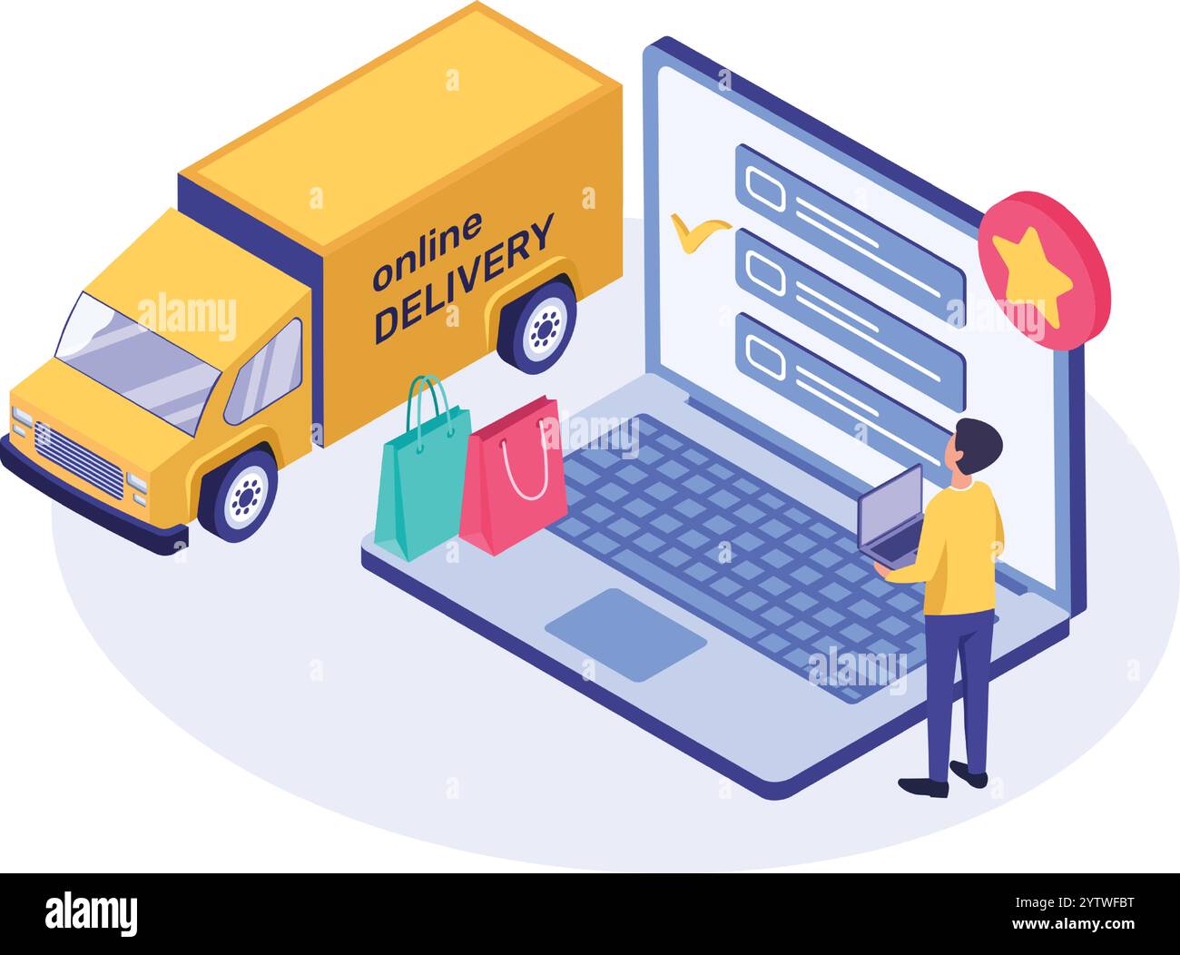 Yellow delivery truck, shopping bags and a giant laptop with checkboxes ...