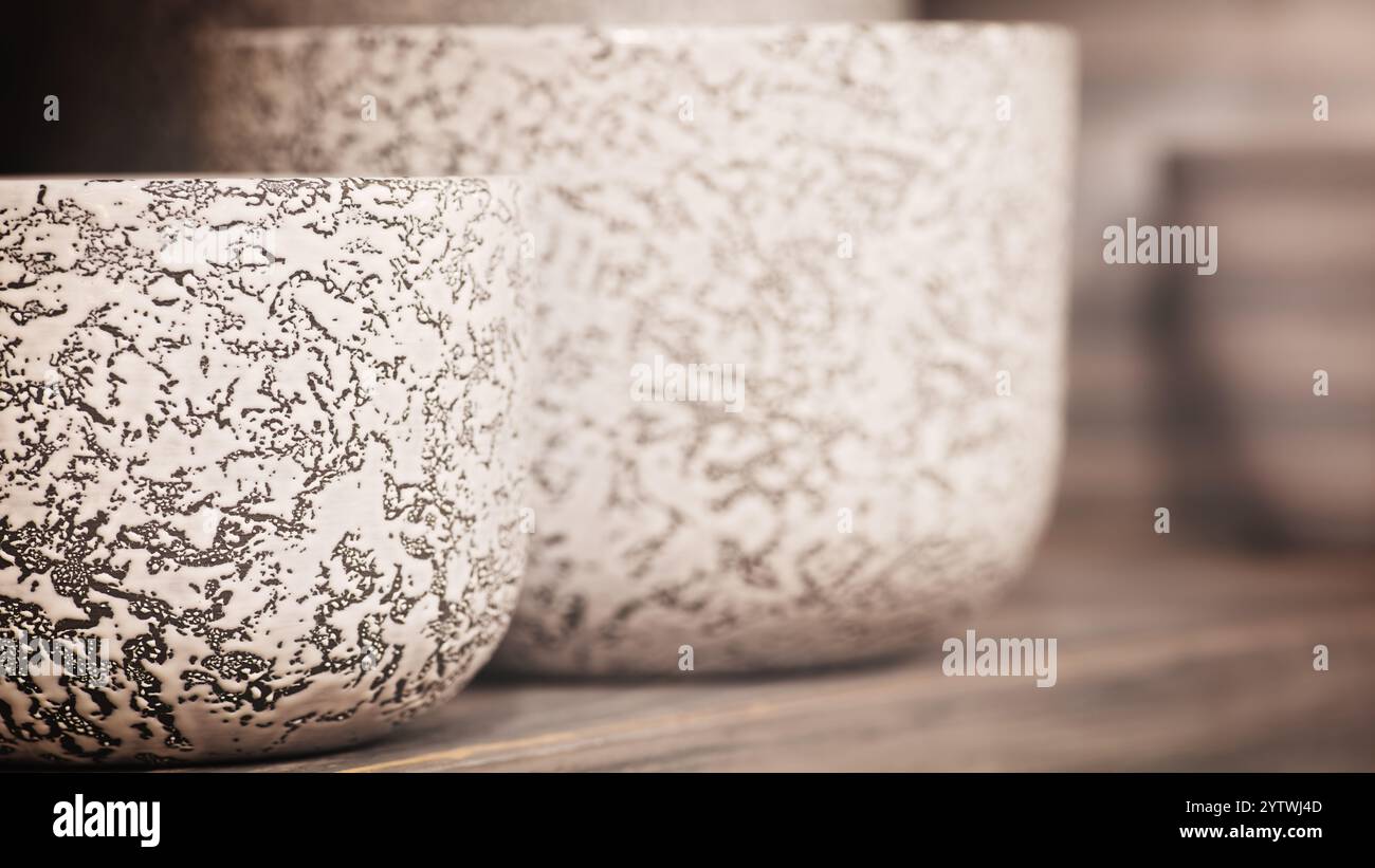 A row of pots with different colors and patterns. The middle pot is the ...