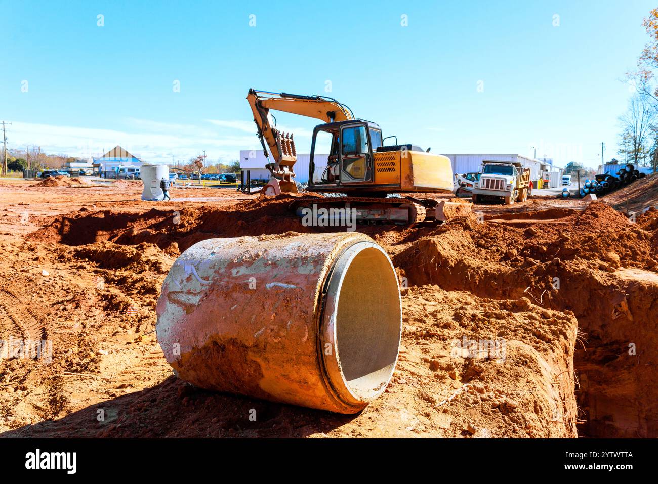 Heavy excavator machinery operates on construction site during earth ...